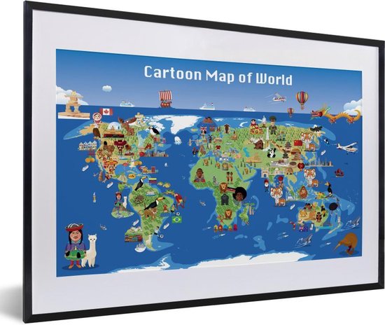 Fotolijst incl. Poster - een cartoon kaart van de wereld - 60x40 cm ...