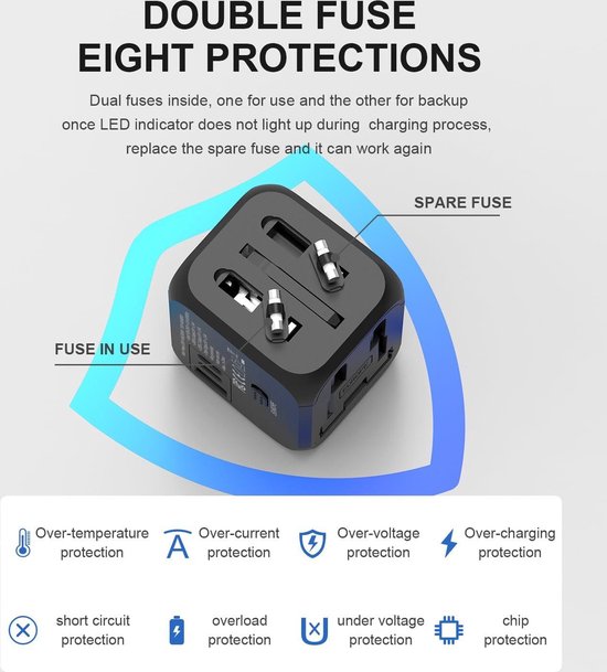 Reisadapter voor wereldreis - universele adapter met PD20W - 2 USB C en 1 USB A -... | bol