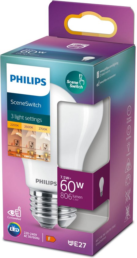 PHILIPS - LED Lamp - SceneSwitch 827 A60 - E27 Fitting - Dimbaar - 1.6W-7.5W - Warm... | bol
