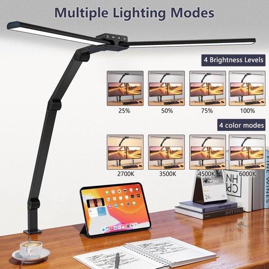 Bureaulamp led dimbaar 24 W 80 cm ultraheldere dubbele kop bureaulamp ...