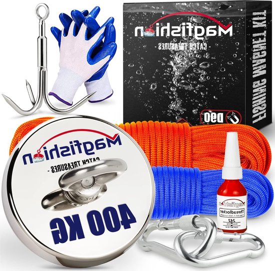 Neodymium Magneet Ø 90mm 400 kg Trekkracht - Vismagneet Set met 2 Touwen 10M& 20M -... | bol