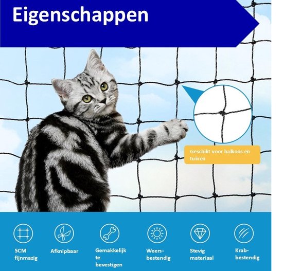 V&F® Kattennet - Balkonnet - 4x3m - Zwart - INCLUSIEF Haken, Tie-wraps ...