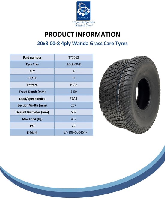 20x8.00-8 Grass Tyre Lawnmower Tire 4ply Multi Turf Ride On Lawnmower Wanda P332 | bol