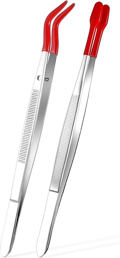 Lange precisie-pincet met platte punt en rubberen punten - Set van 2 | bol