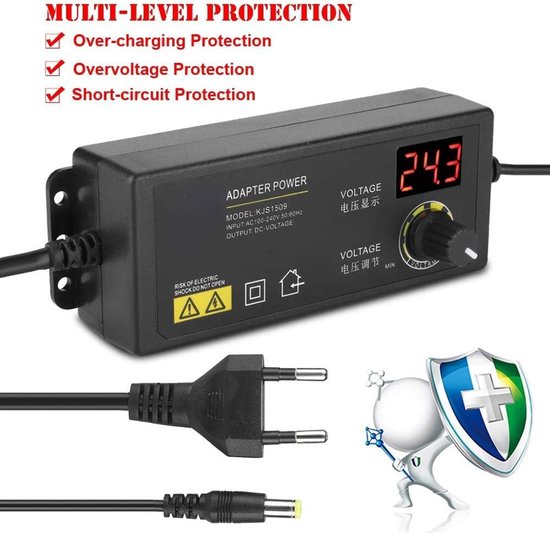 Verstelbare DC Power Adapter 9-24V 3A 72W met LED-display - Multi-level Protections | bol