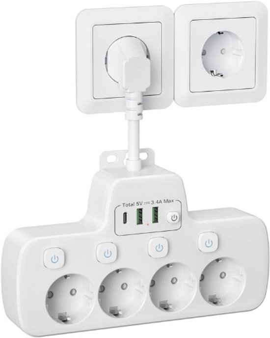 Stopcontact Splitter Met Schakelaar - 4-Voudige Stekkerdoos Met USB C ...