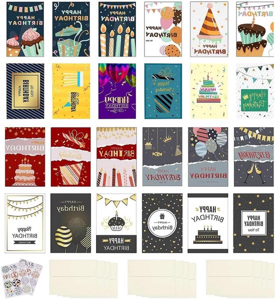 Set van 24 Verjaardagskaarten met Enveloppen - Unieke Wenskaarten voor Verjaardagen | bol