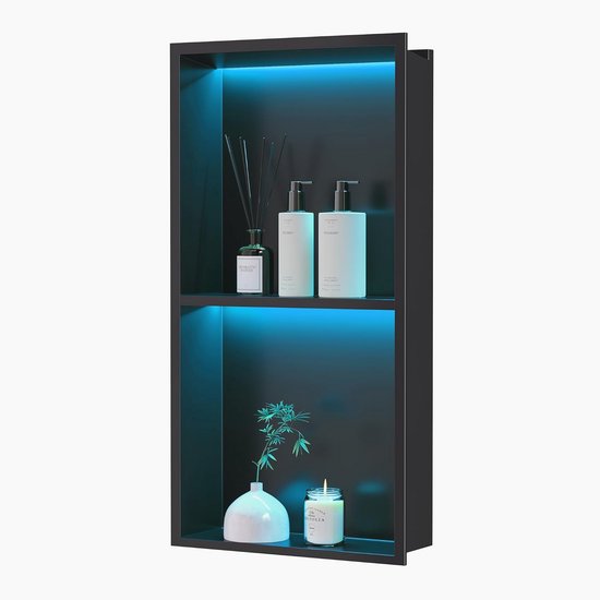 Wanddouche met RGB Led Verlichting en Zwarte Douchebak - 60 x 30 cm met ...