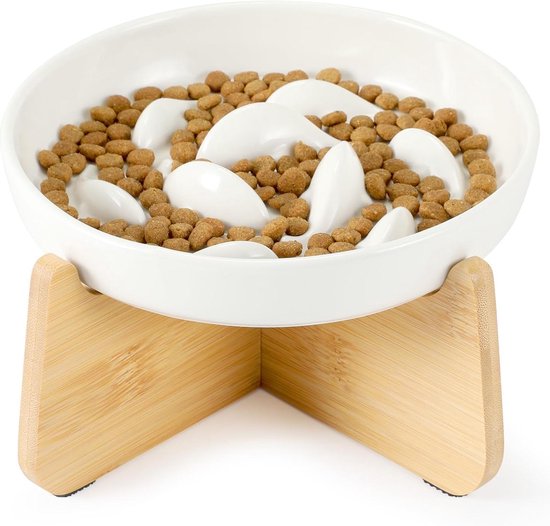 Slow Feeder Ceramic Cat Litter Box with Bamboo Stand | bol