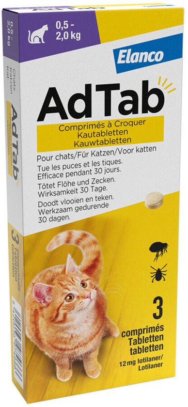 Adtab Anti Vlooien en Teek - Kauwtabletten voor kat - 2-8 kg - 3st | bol