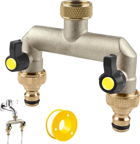 2-weg waterverdeler van messing met kogelventielen voor 2 apparaten/tuinslangen 3/4 inch | bol