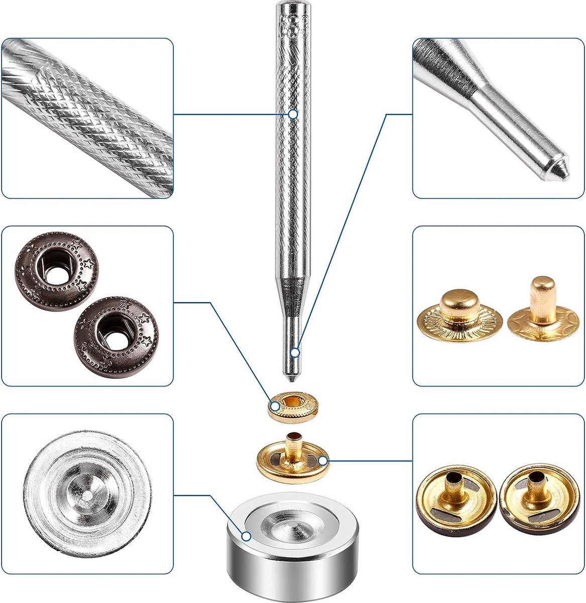 Drukknopset, 120 stuks, 12 kleuren, koperen drukknopen, metaal, brons ...