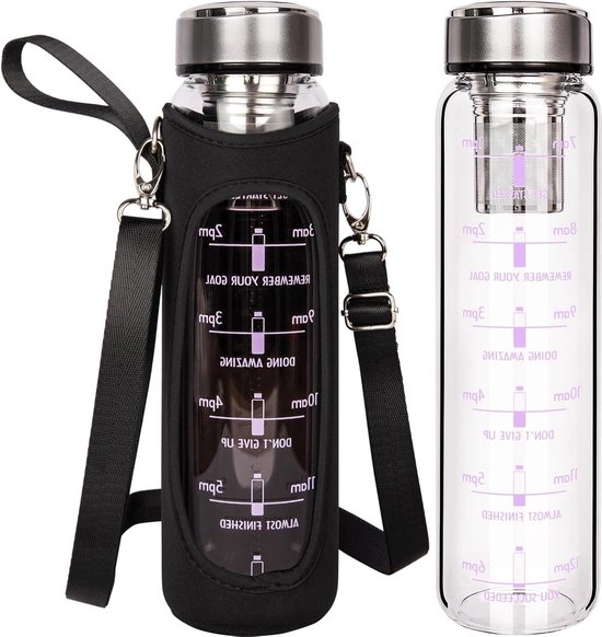 Glazen waterfles met tijdmarkeringen - 1 liter - thee drinkfles met ...