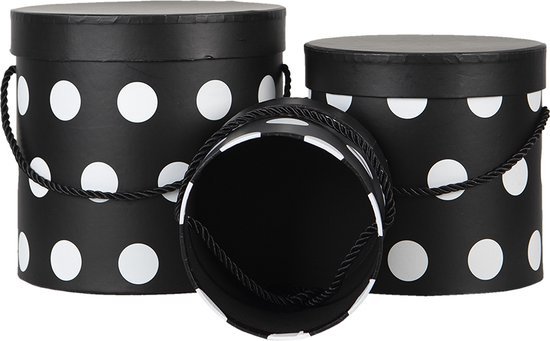 HAES DECO - Hoedendoos Set van 3 Ø 17x17 cm Zwart Wit Karton Stippen ...