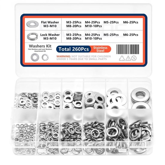 Platte Sluitring en Veerring Assortiment - 260 delig - M3/M4/M5/M6/M8 ...