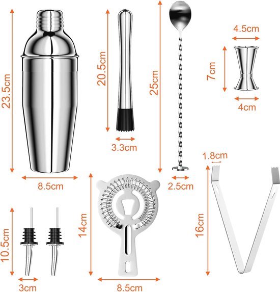 Cocktailset 750 ml - 8-delig, roestvrijstalen shaker en bartools voor het bereiden van... | bol