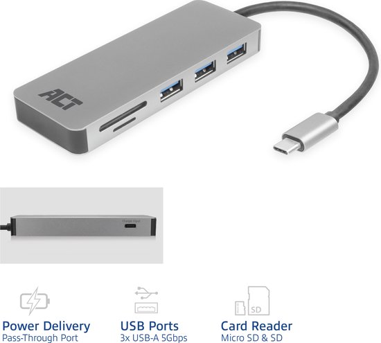 ACT USB-C hub - 3x USB-A - Cardreader - PD Passthrough - AC7050 | bol
