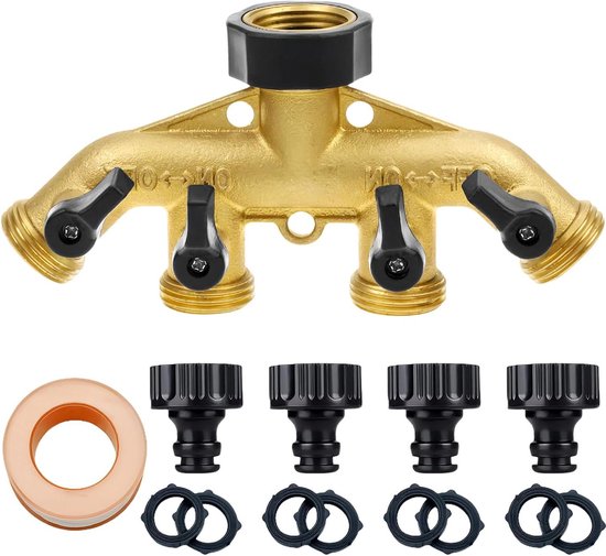 Messing 4-weg verdeler voor tuinslangen 3/4 inch - 4 onafhankelijk aan-uit ventielen -... | bol