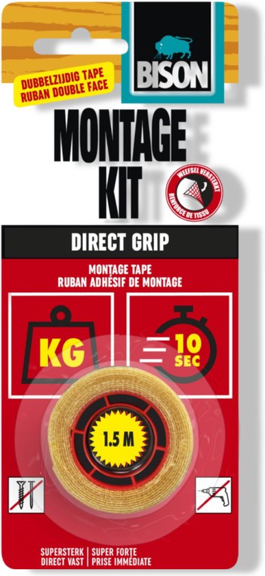 Bison Montagekit Direct Grip Tape 1.5 m x 19 mm, hoge aanvangshechting, dubbelzijdig,... | bol