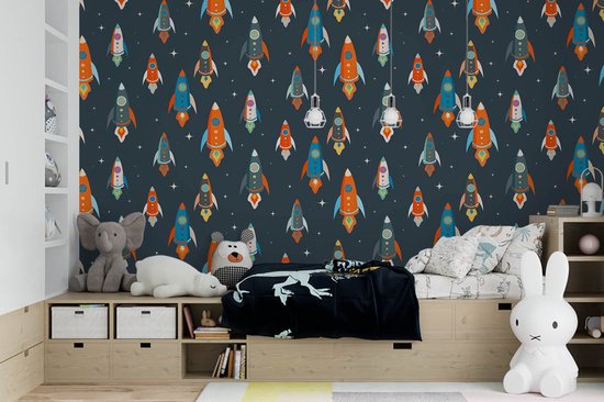 Colorful Rockets in Outer Space | Decoratie | Jongens behang ...