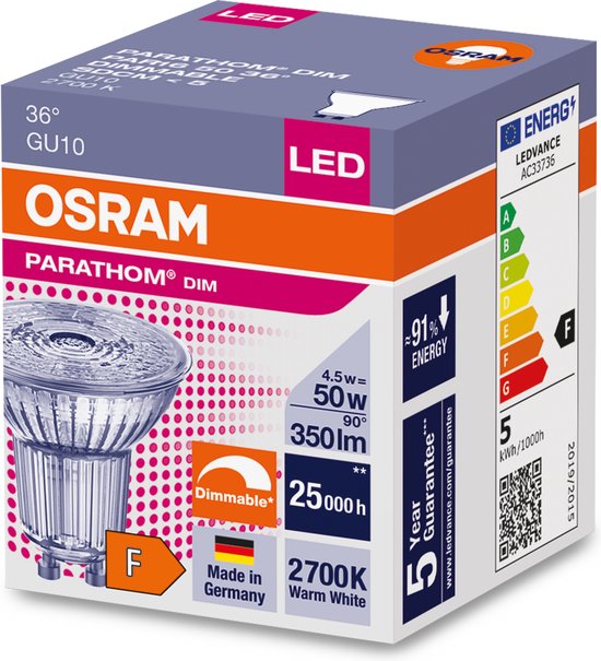 Osram Parathom LED Spot GU10 PAR16 - 4.5W - Warm Wit - Dimbaar - Vervangt 50W | bol.com