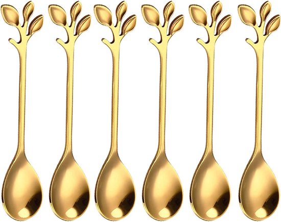 6 stuks roestvrij staal goud blad koffie lepel, Blad koffielepel, Rvs ...