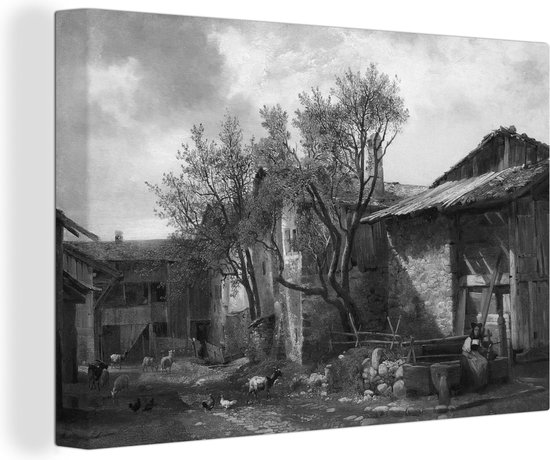 Canvas Schilderij Een boerderij met een boerin en dieren - schilderij ...