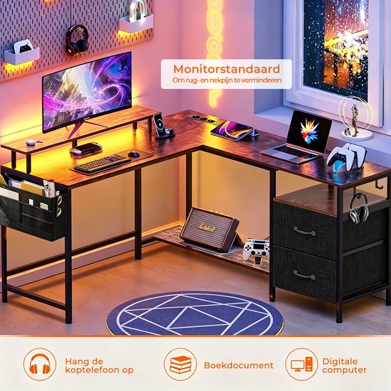 Gaming Bureau met LED Verlichting - 120x120x75cm - L-Vormig Game Bureau ...