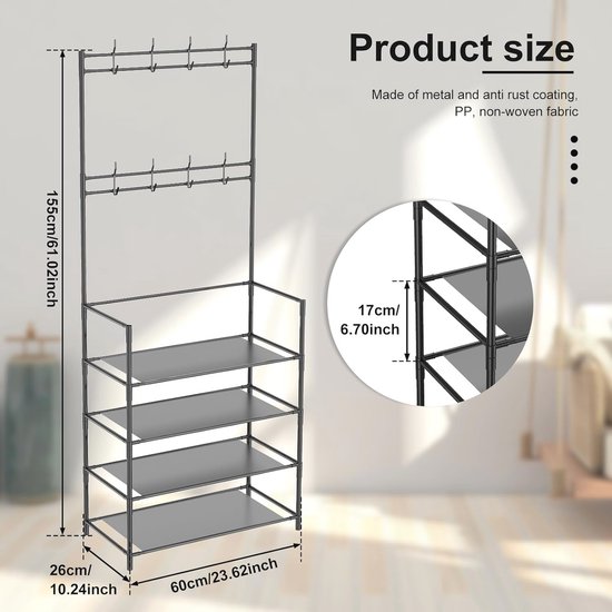 Kapstok met Schoenenopbergbank en Hoedenrek - Vrijstaand Multifunctioneel Opbergrek... | bol