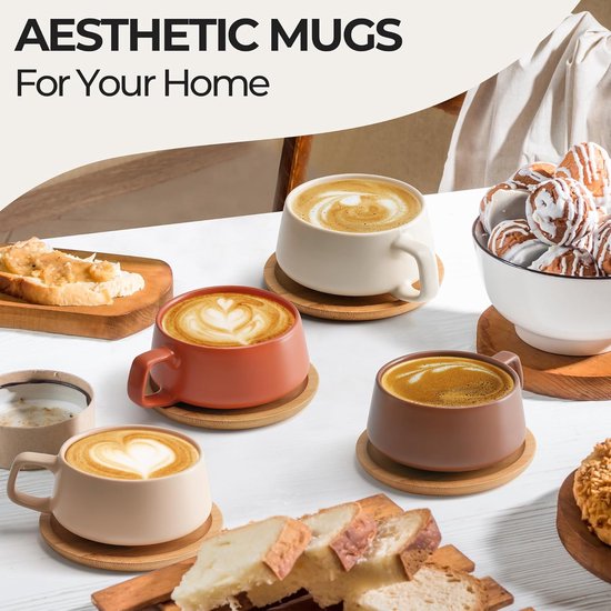 Set van 4 keramische theekoppen met schotels - luxe bamboe uitstraling - beige - 320 ml | bol