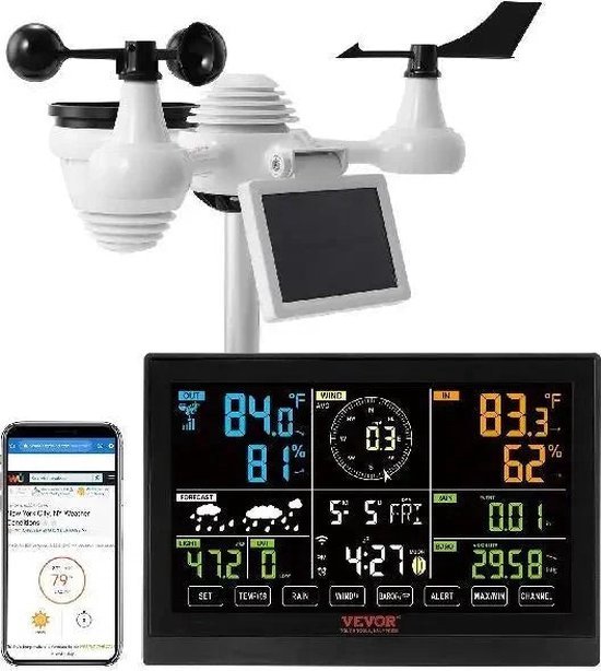 VEVOR 7-in-1 Weerstation - Met Multifunctionele Buitensensor - Met Regen- en Windmeter | bol