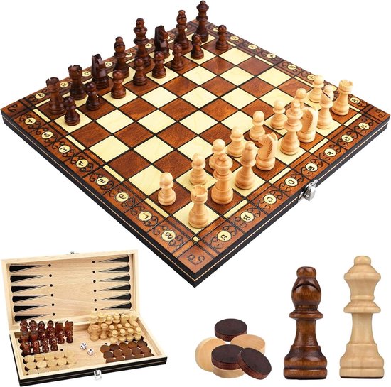 3-in-1 schaakset van Hout - Draagbaar Houten Schaakbord - Inklapbaar ...