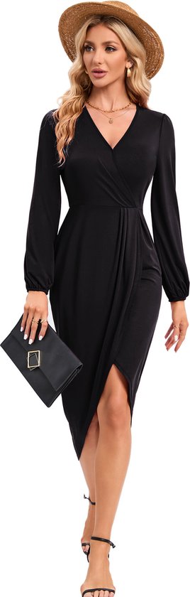 Damesjurk midi-jurk met lange mouwen V-hals effen elegante feestelijke casual... | bol