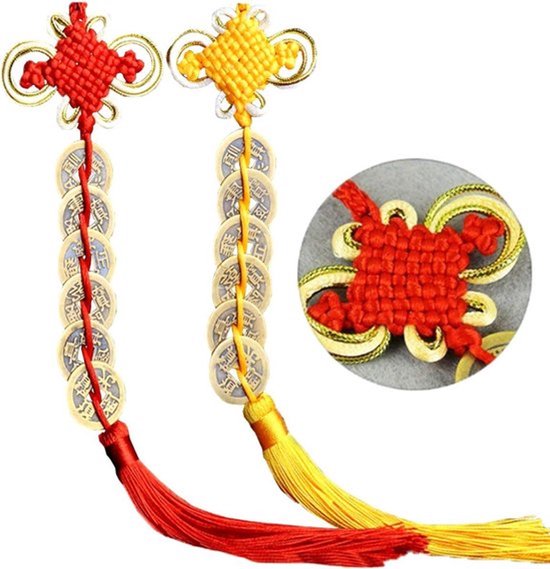 Feng Shui-munten met rood lint voor rijkdom en succes - Geluksbrengers ...