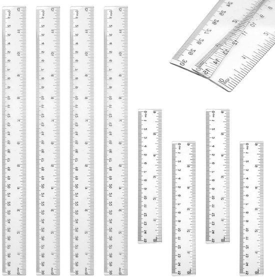 Set van 8 transparante linialen 15 cm + 30 cm met omrekeningstabel ...