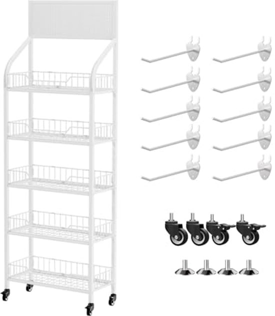 5-Tier Wit Metalen Display Rack met Wielen en Haken voor Snacks en ...