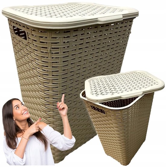 Grote Beige Wasmand 60L Kunststof met Rattan Look | bol