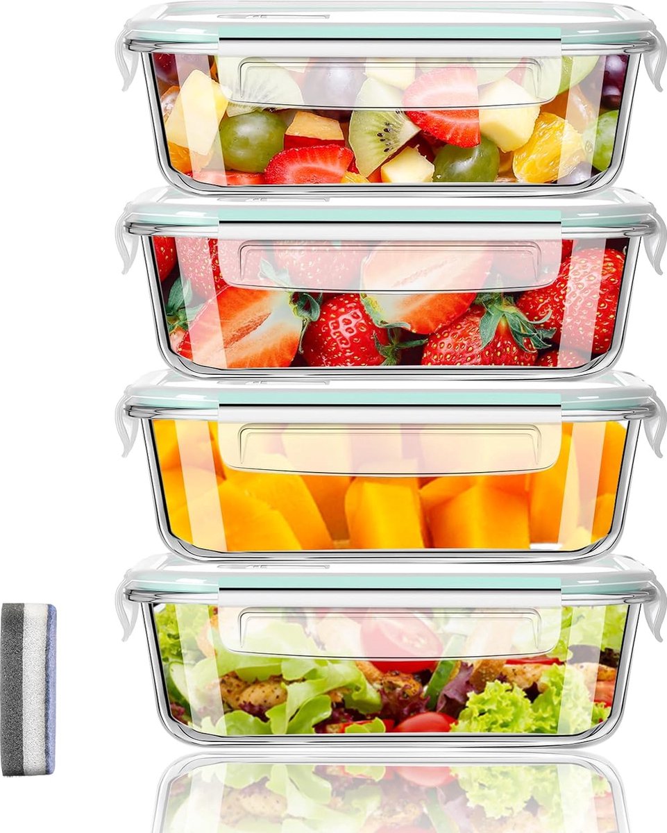 Set van 4 vershouddozen, 1040 ml, met deksel en 1 reinigingsspons ...