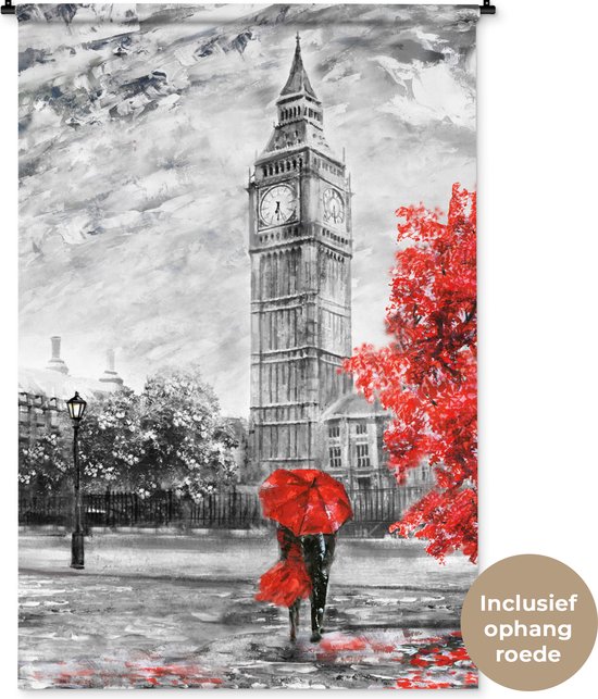 Wandkleed - Wanddoek - Schilderij - Big Ben - Rood - Paraplu - 120x180 ...