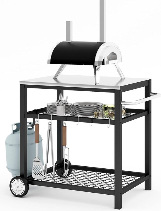Grillwagen, grilltafel, pizzatafel met 2 wielen en 3 legvlakken voor ...