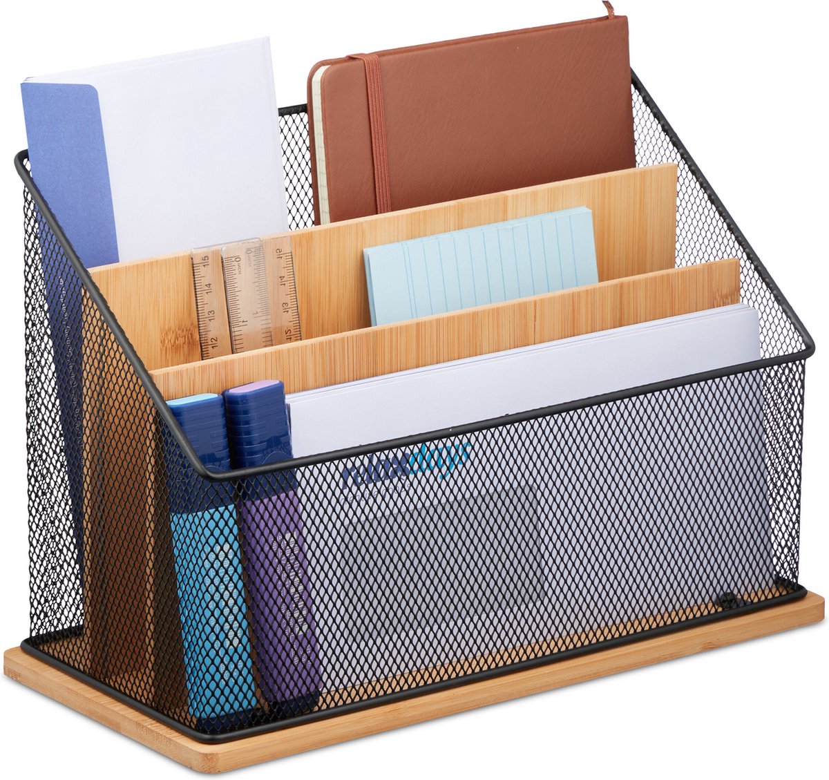 Relaxdays brievenbak met 3 vakken - metaal - bamboe - brieven organizer ...