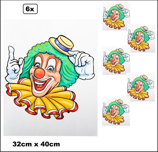 6x Raam sticker clown Banjo - 32cm x 40cm - Carnaval thema feest ...