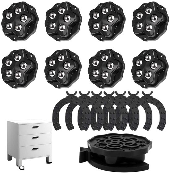 Allecto Plus - Set van 8 zwarte meubelwieltjes met rempads en 360 ...