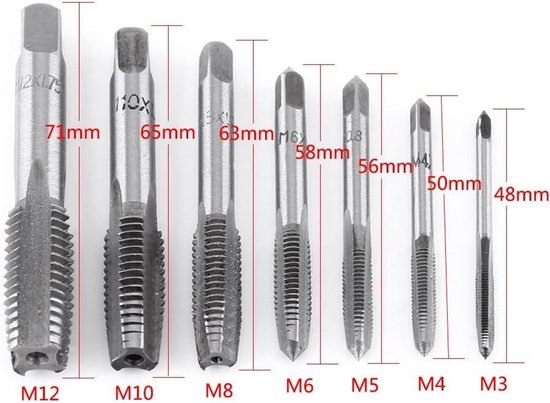 7-delige Draad Tap Set van Metrisch Staal voor M3 M4 M5 M6 M8 M10 M12 ...