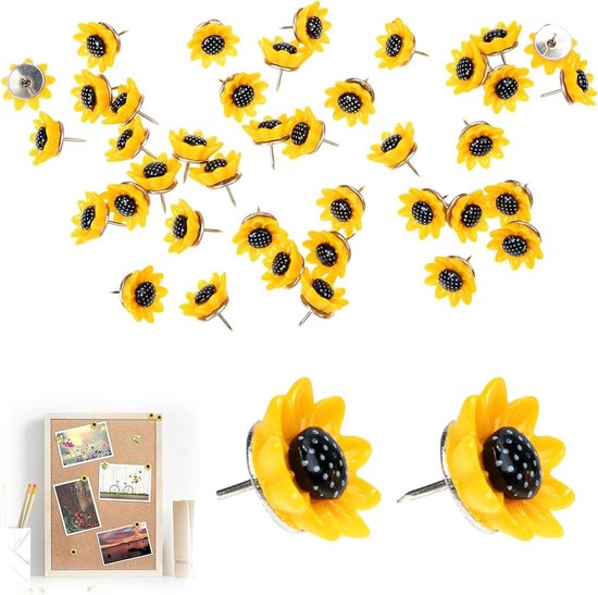 Allecto Plus - Decoratieve Gele Zonnebloem Push Pins voor Prikbord - 40 ...