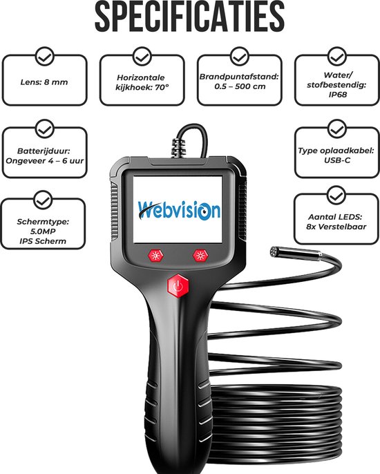 Webvision Inspectiecamera met scherm 5M – Endoscoop – Inspectie Camera ...