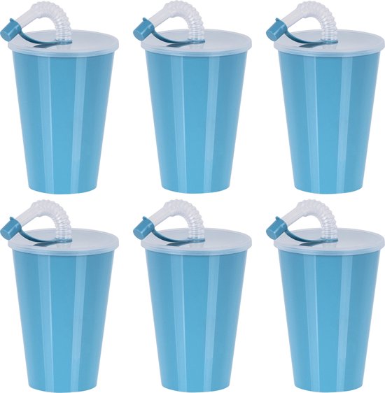 Juypal Drinkbeker met deksel en rietje - 12x - licht blauw - kunststof - 450 ml - 12 x... | bol