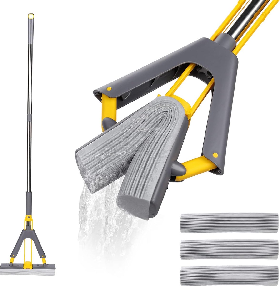 Spons Mop Set, 130 cm Vloer Mop met 3 Super Absorberende Spons Heads ...