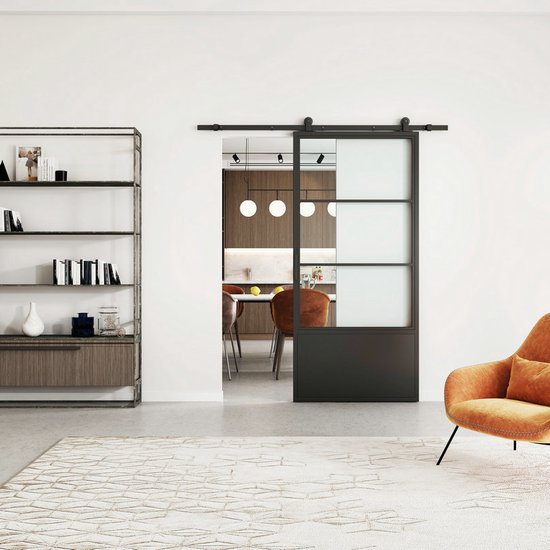 Stalen schuifdeur - Loft - 3 vaks helder glas - kickplate - 215 x 100 cm | bol