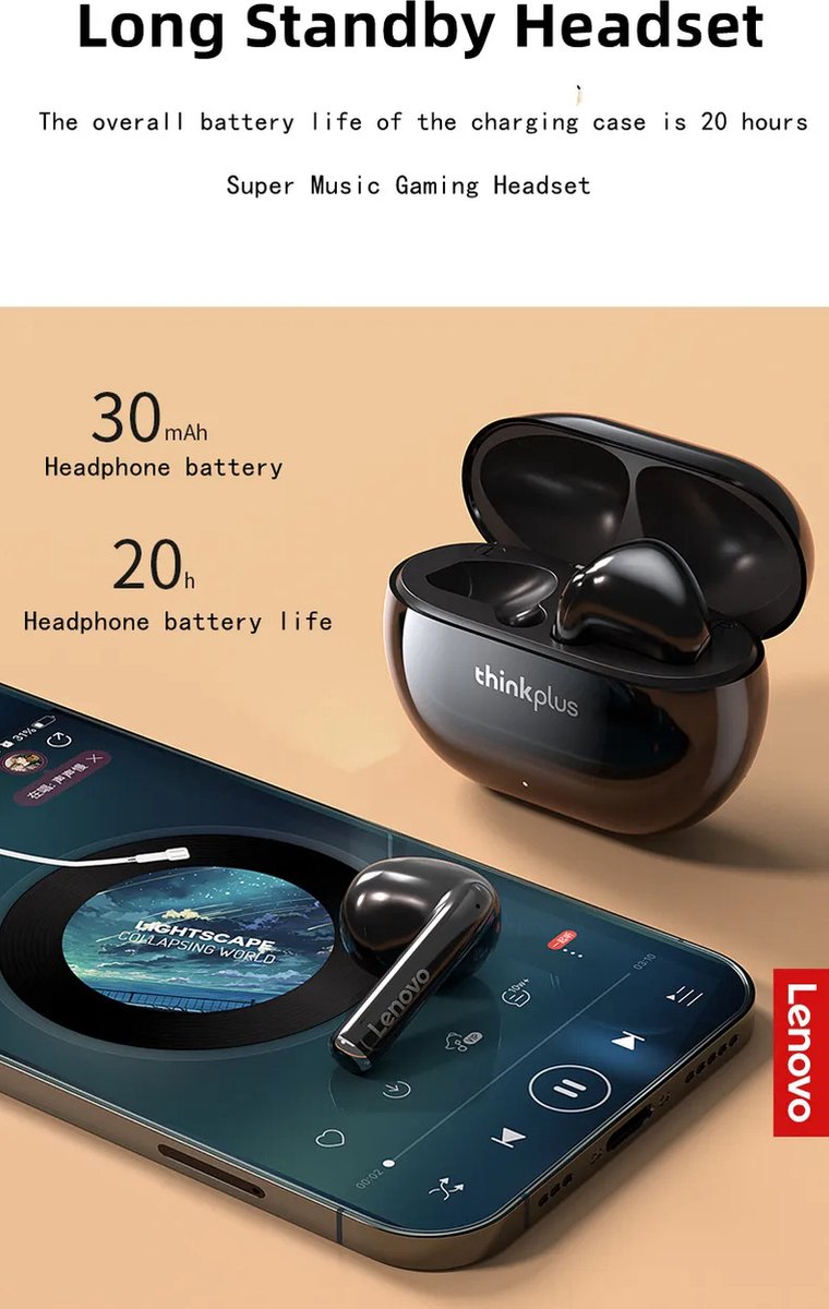 Lenovo ThinkPlus Live Pods XT93 - Draadloze Oortjes - Zwart | bol